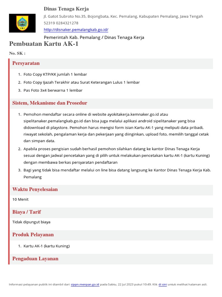 Unduh Standar Pelayanan - Pembuatan Kartu AK-1 | PDF