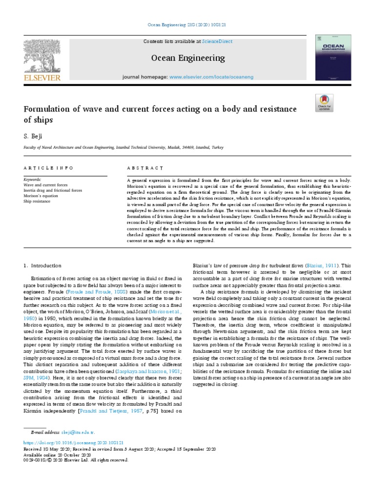 Formulation Of Wave And Current Forces Acting On A Body And Resistance