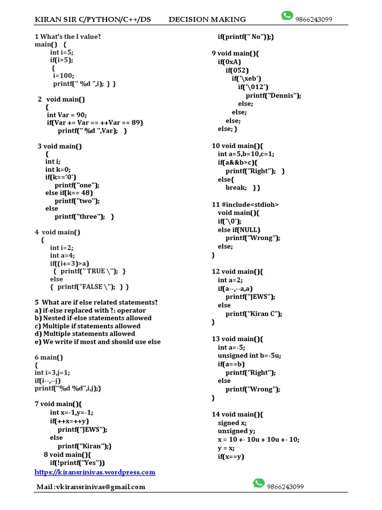 Kiran Sir C/Python/C++/Ds Decision Making | PDF | Software | Object Oriented Programming