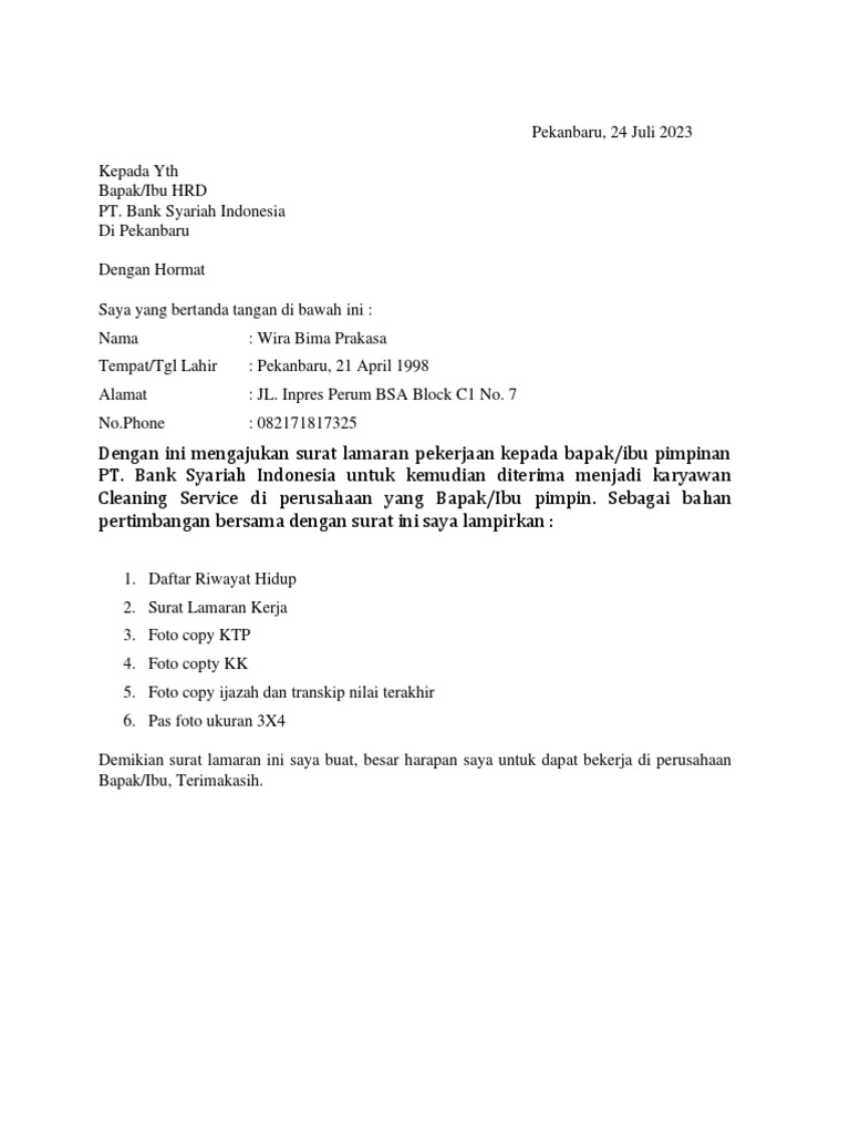 Surat Lamaran Cs Bank Bsi | PDF