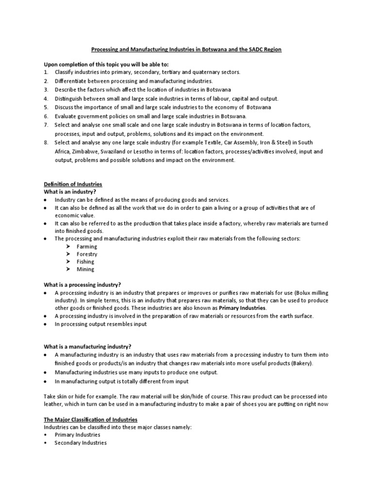 Processing and Manufacturing Industries Notes | PDF