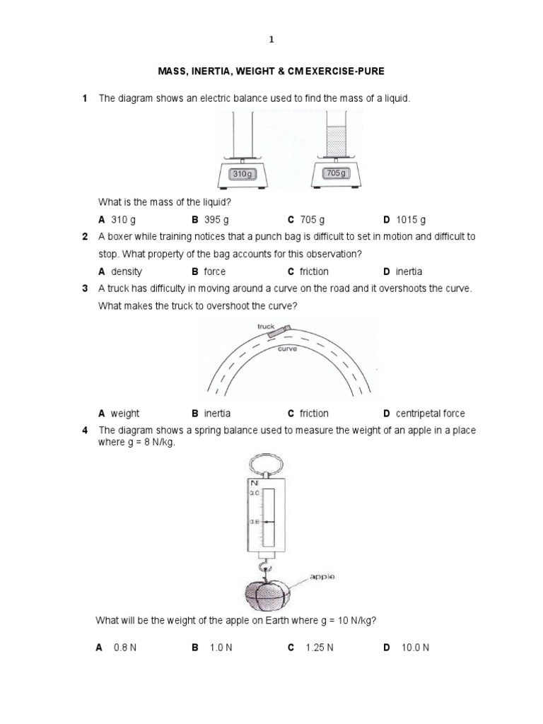 Mass, Inertia, Weight & CM Exercise-Pure | PDF | Weight | Mass