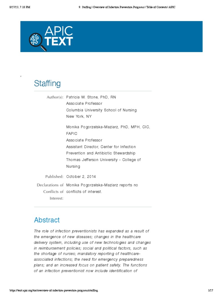 Staffing - Overview of Infection Prevention Programs - Table of Contents - APIC | PDF ...