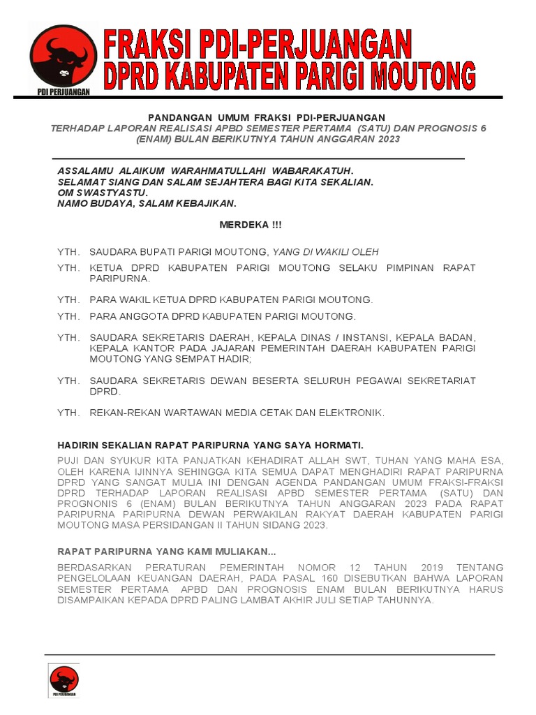 PANDANGAN UMUM FRAKSI PDI - LRA SEMESTER 1 DAN PROGNOSIS (Diperbaiki ...