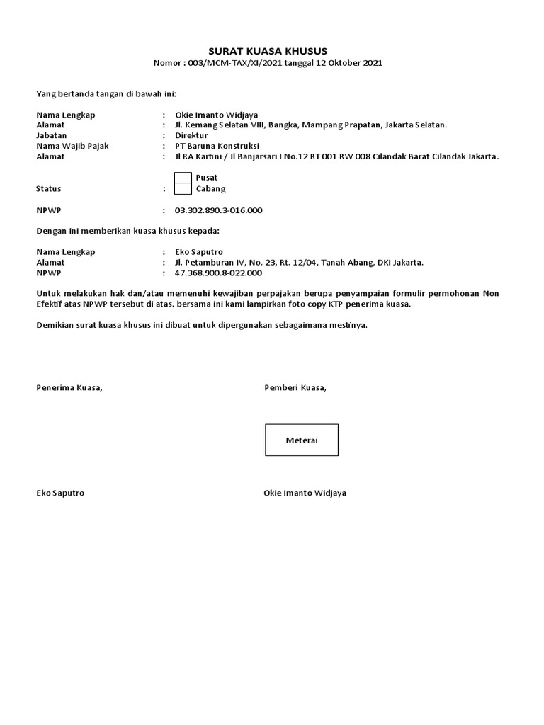 SURAT KUASA KHUSUS WAJIB PAJAK BK Pak Okie Ke Eko | PDF