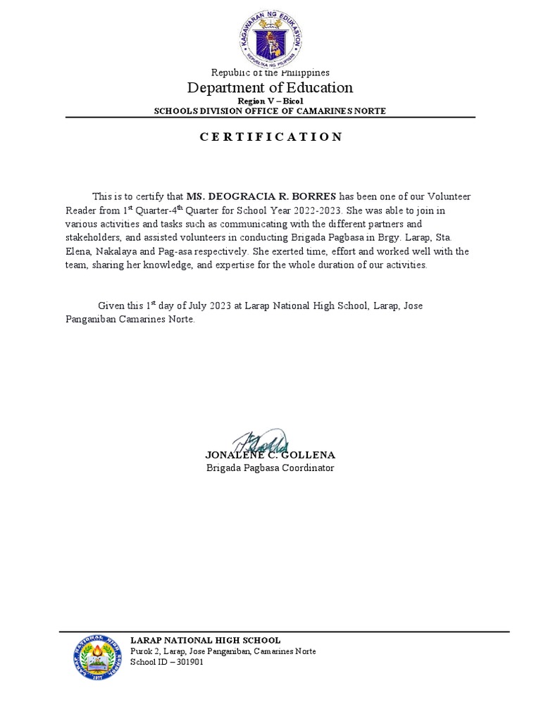 Certification Brigada-Pagbasa | PDF