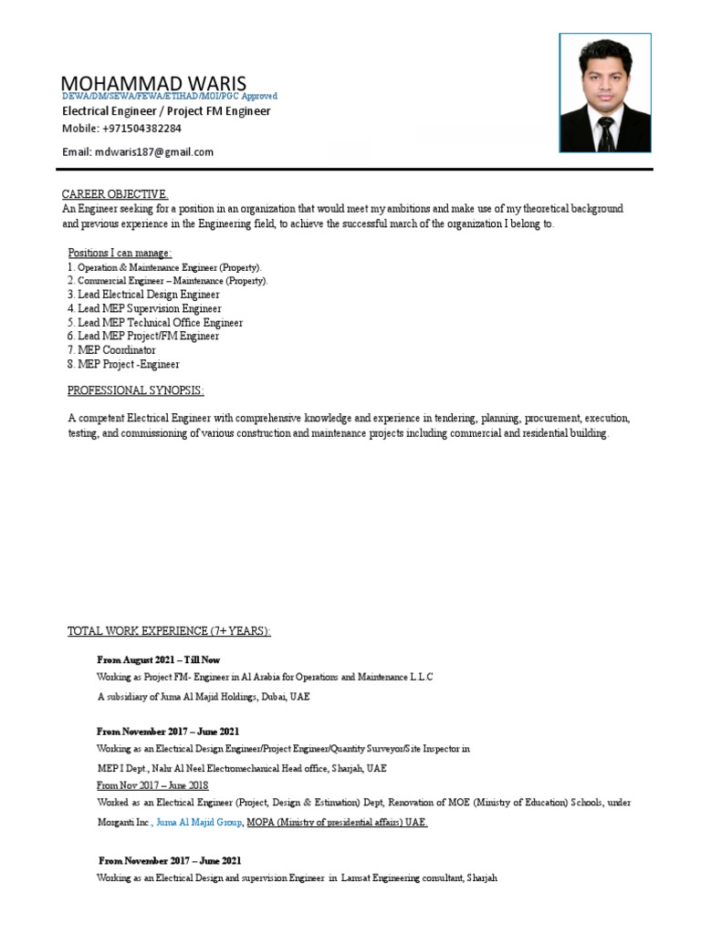 CV - Electrical Engineer | PDF | Lighting | United Arab Emirates