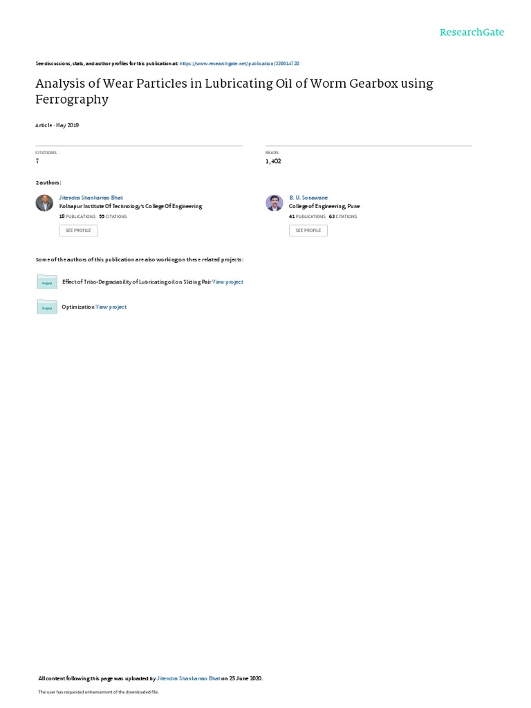 Analysis of Wear Particles in Lubricating Oil of Worm Gearbox Using Ferrography | PDF