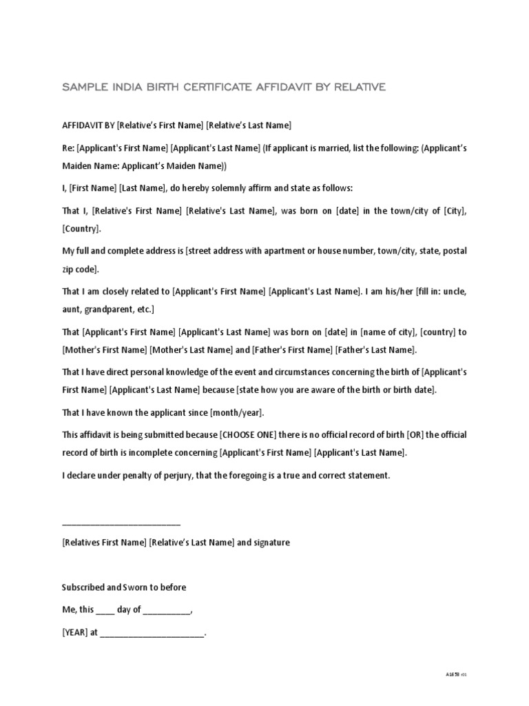 Sample India Birth Certificate Affidavit by Relative | PDF