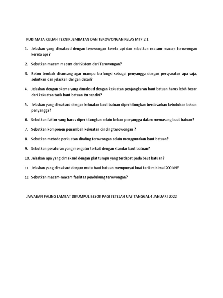 Kuis Mata Kuliah Teknik Jembatan Dan Terowongan Kelas MTP 2.1 | PDF | Teknologi & Rekayasa