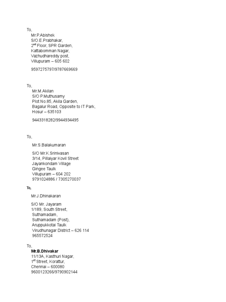 Student Address List for Various Locations | PDF