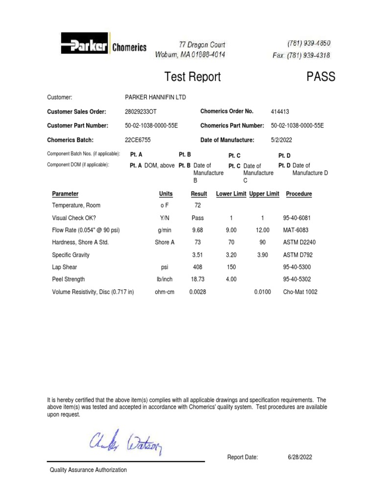 Parker Material Test Report 50-02-1038 | PDF