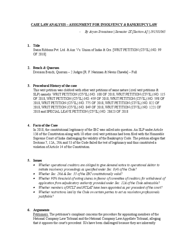 Case Law Analysis | PDF | Bankruptcy | Supreme Court Of India