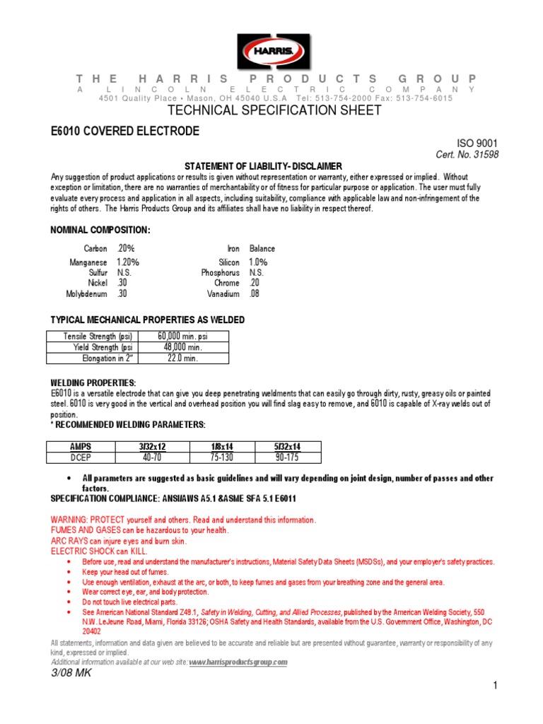 Technical Specification Sheet E6010 Covered Electrode: T H E H A R R I ...