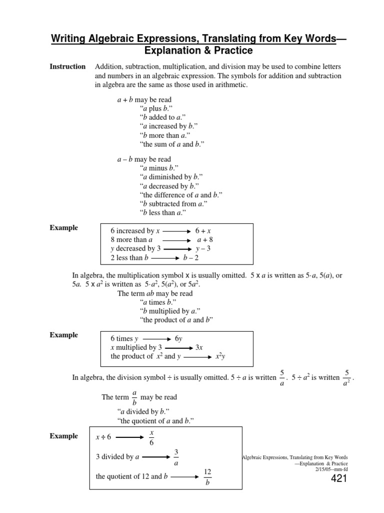 421 -2015-Writing Algebraic Expressions--explanation Practice | PDF