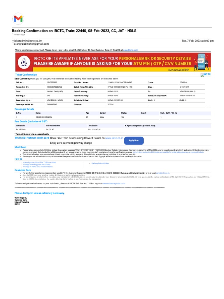Gmail - Booking Confirmation On IRCTC, Train - 22440, 08-Feb-2023, CC, JAT - NDLS | PDF ...