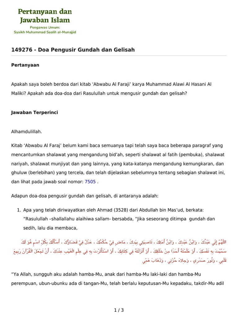 Doa Pengusir Gundah Dan Gelisah | PDF