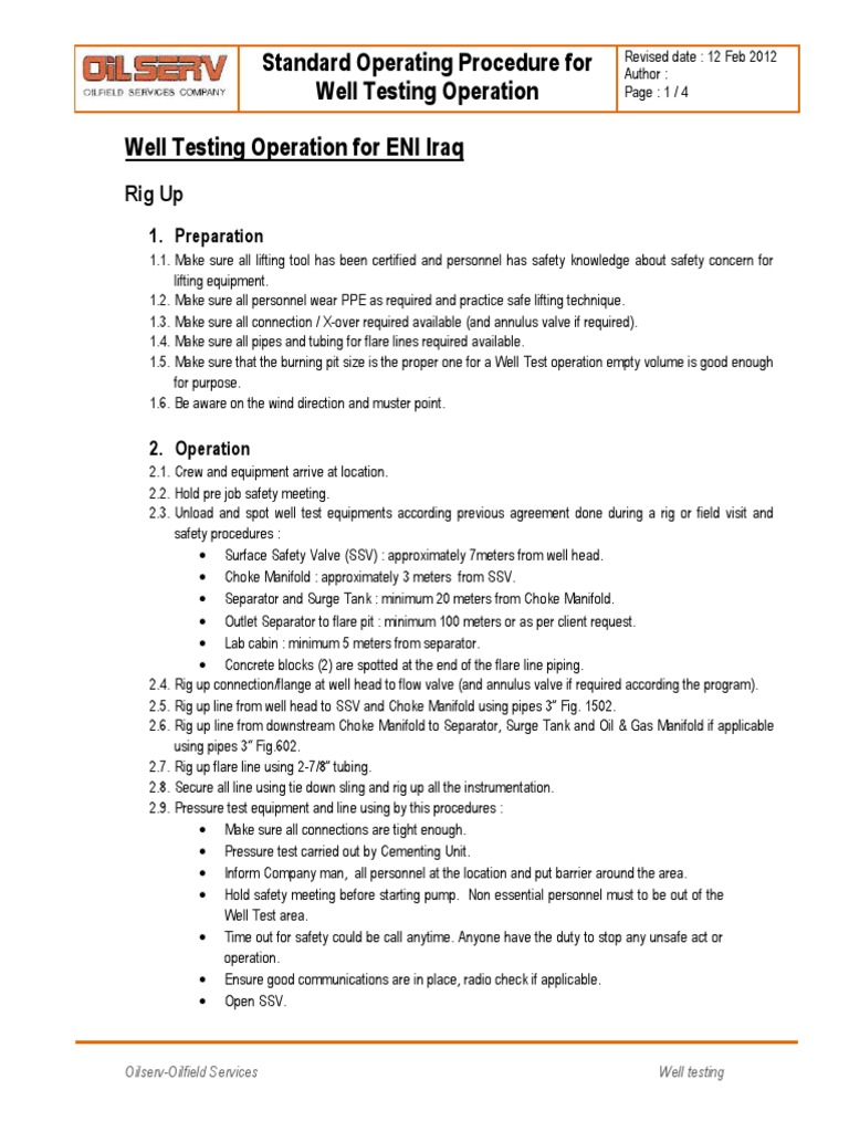 SOP For Well Test REV 1.01 - ENI | PDF | Valve | Pipe (Fluid Conveyance)