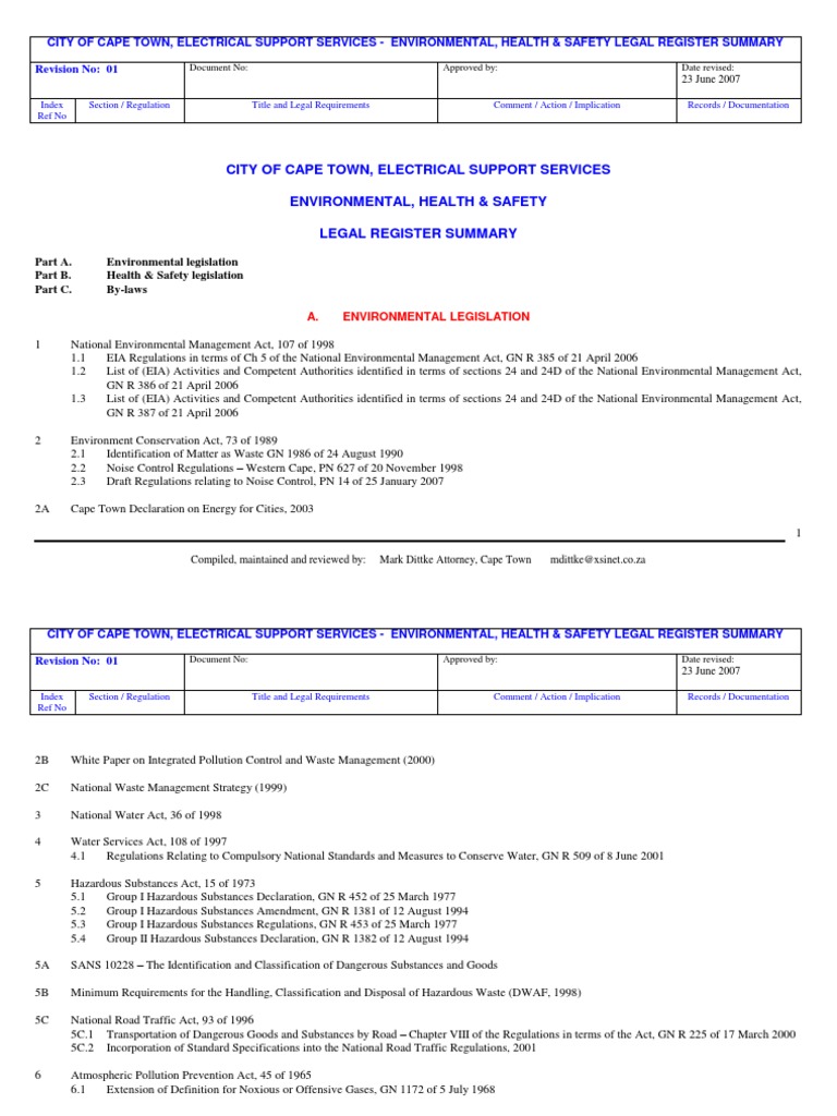 Environmental Health and Safety Legal Register Summary | PDF