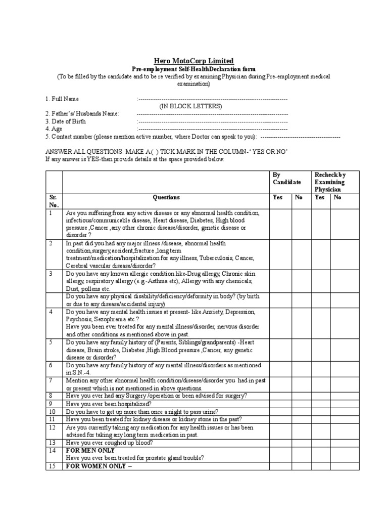 Pre Employment Medical - Declaration - HMCL DOCTORS | PDF
