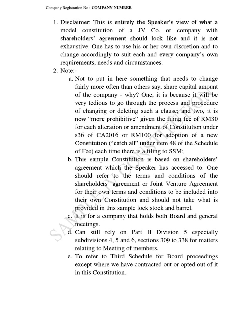 JV Sample Constitution | PDF | Proxy Voting | Subscription Business Model
