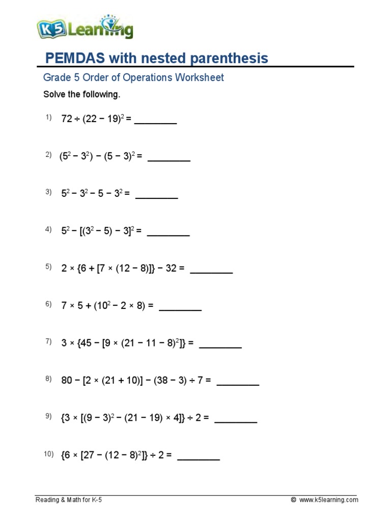 Grade 5 PEMDAS Worksheet | PDF | Computers