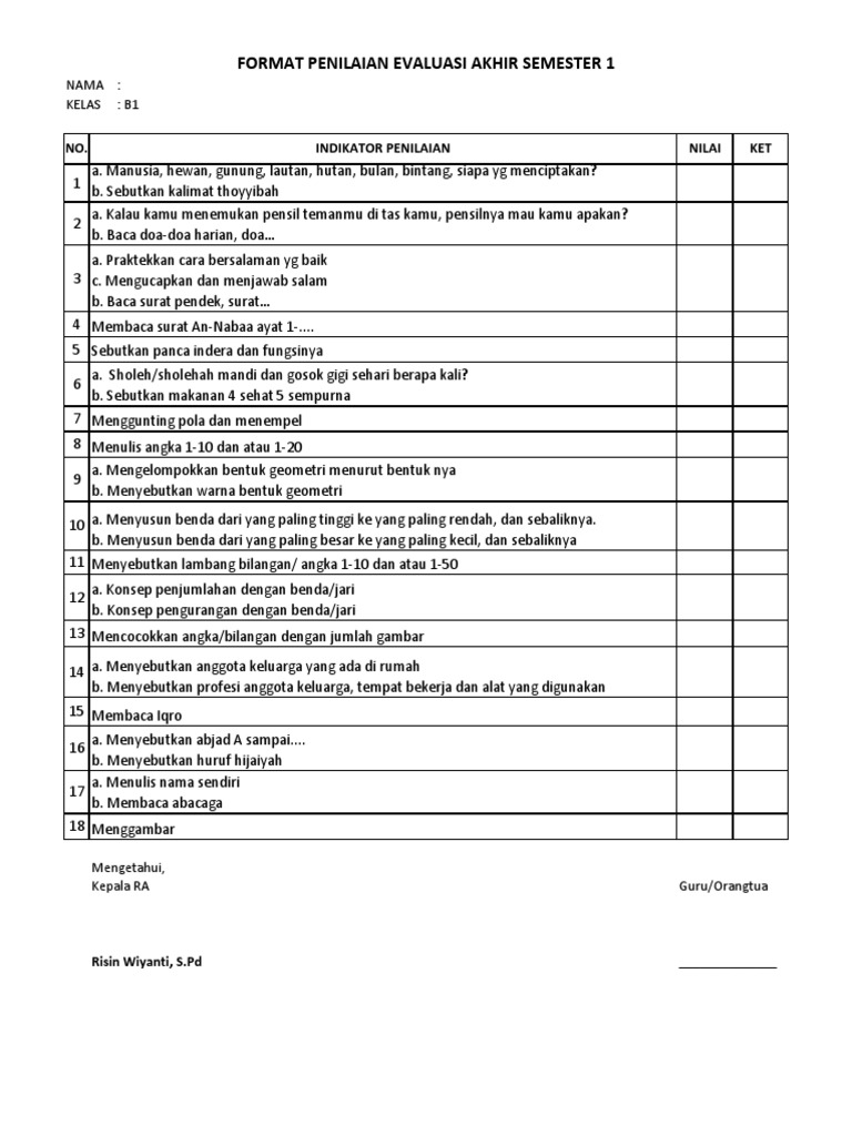 Format Penilaian Evaluasi Semester 1 | PDF
