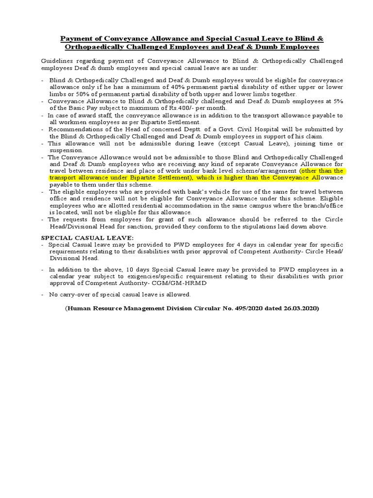 Payment of Conveyance Allowance and Special Casual Leave To Blind ...