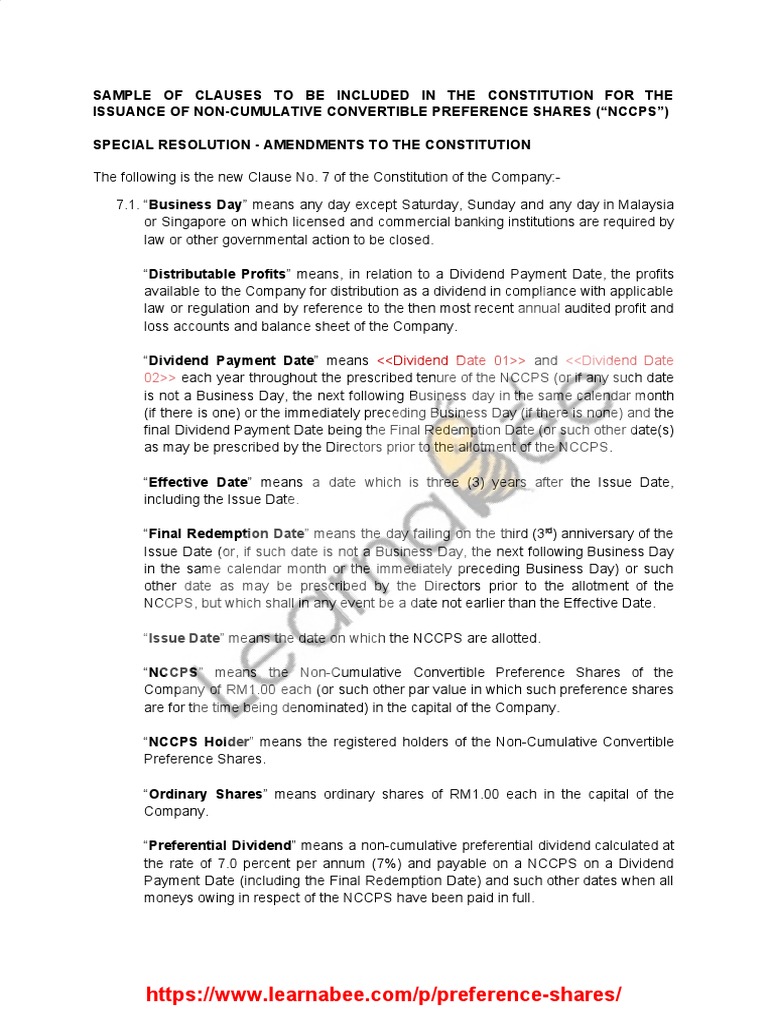 Sample Notice of Resolution Non-Cumulative Convertible Preference ...
