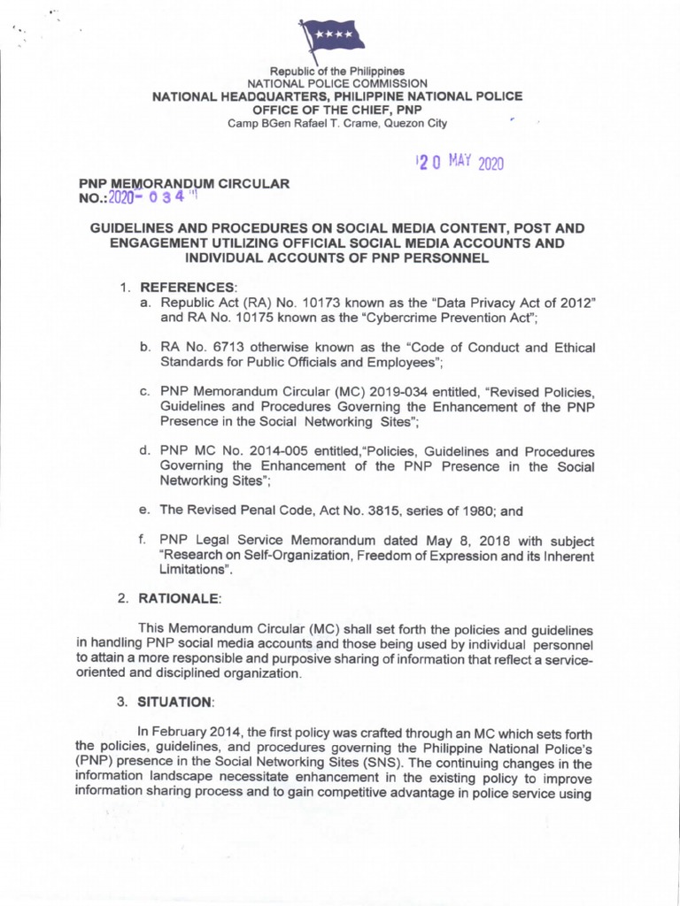 PNP MC No. 2020-034 Re Guidelines and Procedures On Social Media | PDF