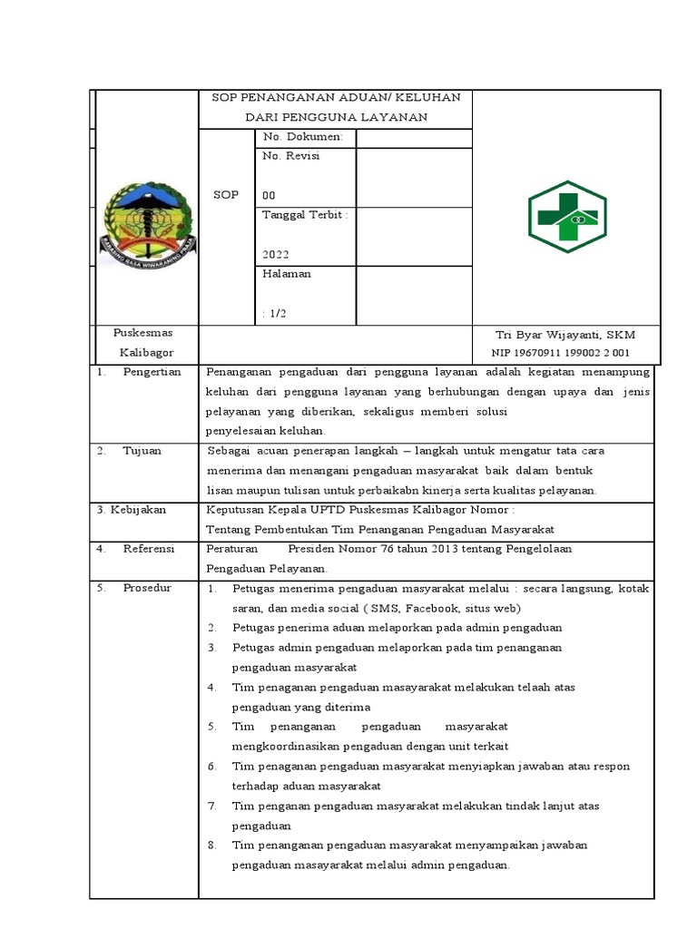 Sop Penanganan Aduan Dari Pengguna Layanan | PDF