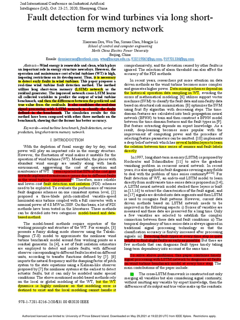 Fault Detection For Wind Turbines Via Long Short Term Memory Network Pdf Time Series