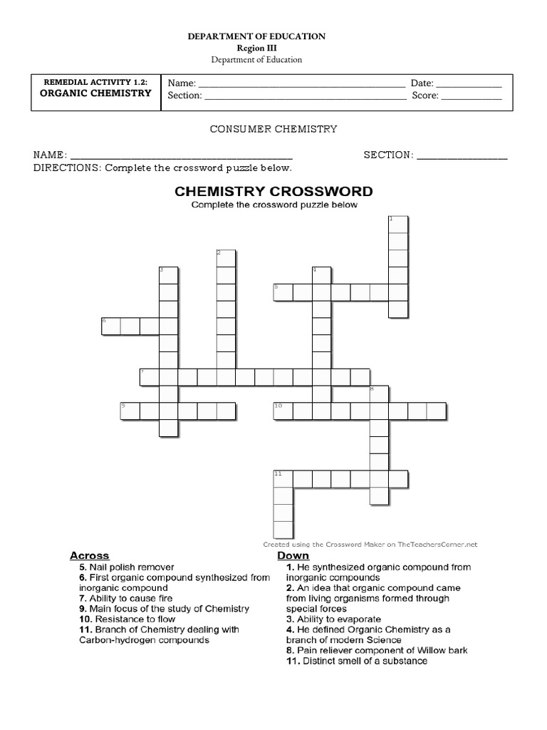 Consumer Chemistry Crossword Puzzle | PDF