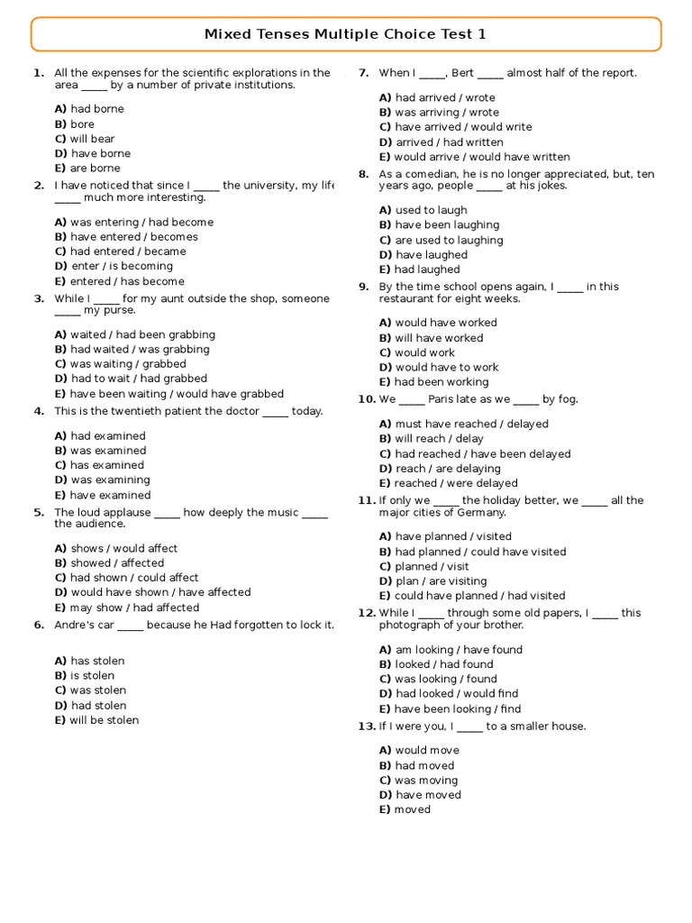 Mixed Tenses Multiple Choice Test 1 No Answer | PDF