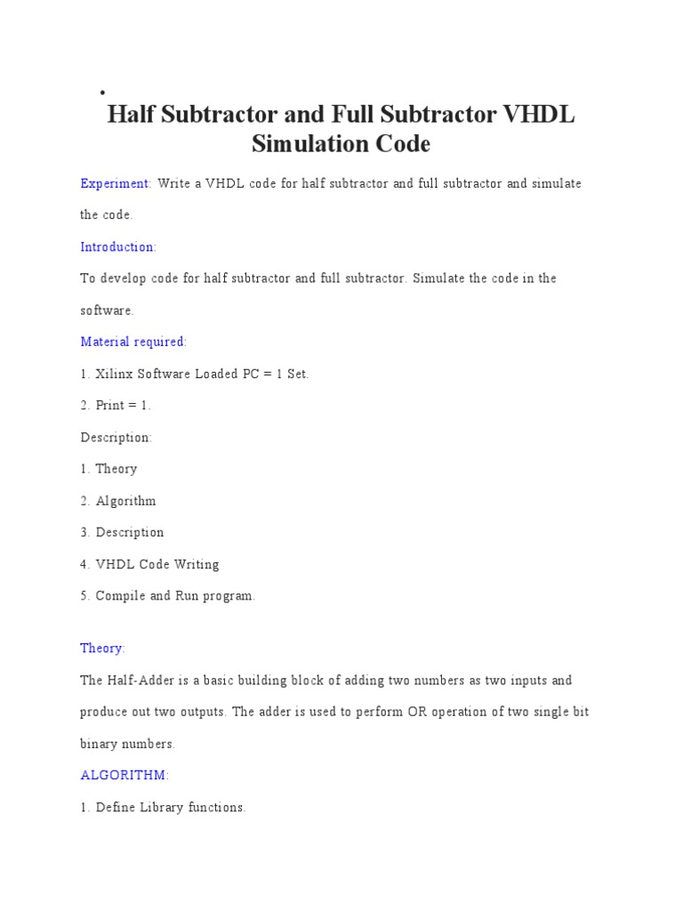 Half Subtractor and Full Subtractor VHDL Simulation Code | PDF | Vhdl ... Half Subtractor and Full Subtractor VHDL Simulation Code | PDF | Vhdl ...
