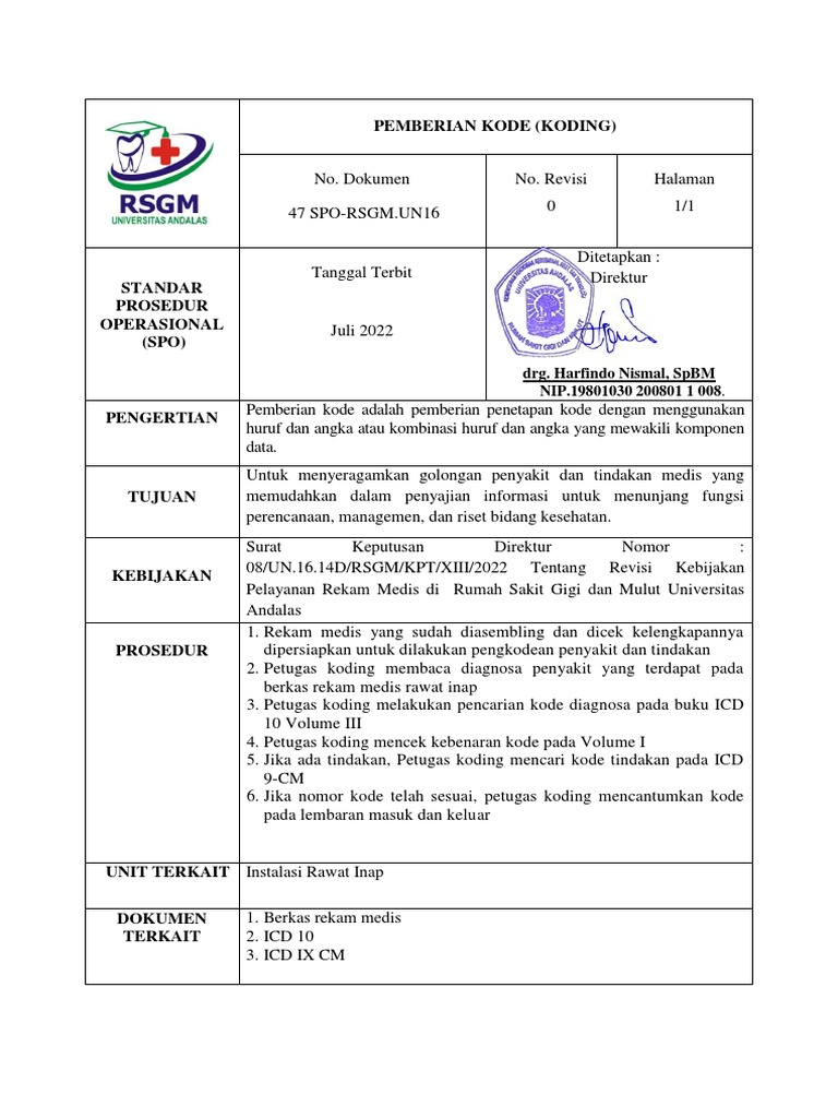 SOP Koding Rekam Medis RSGM | PDF