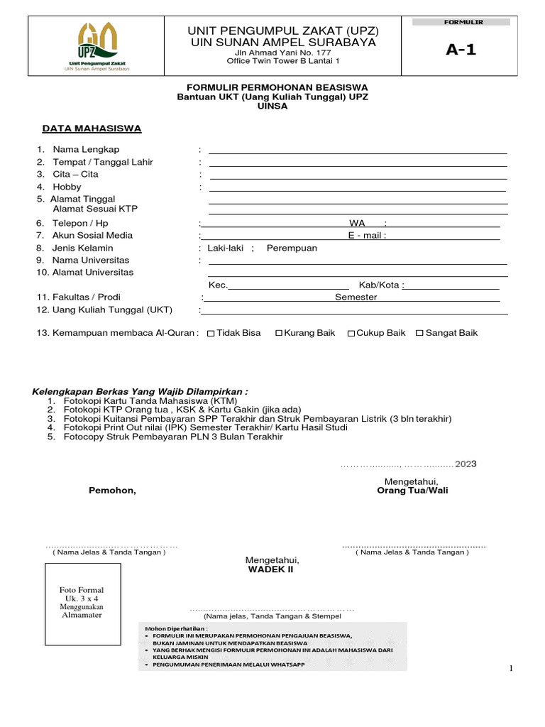 Formulir Beasiswa UKT UPZ UINSA | PDF