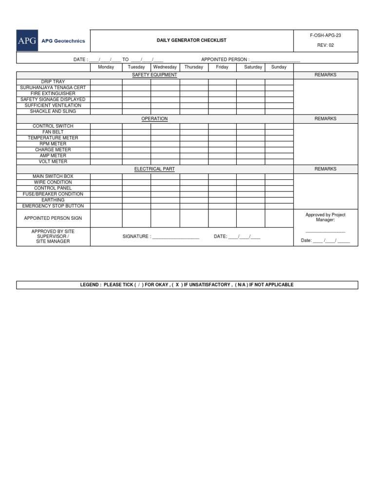 GENERATOR SET Checklist | PDF