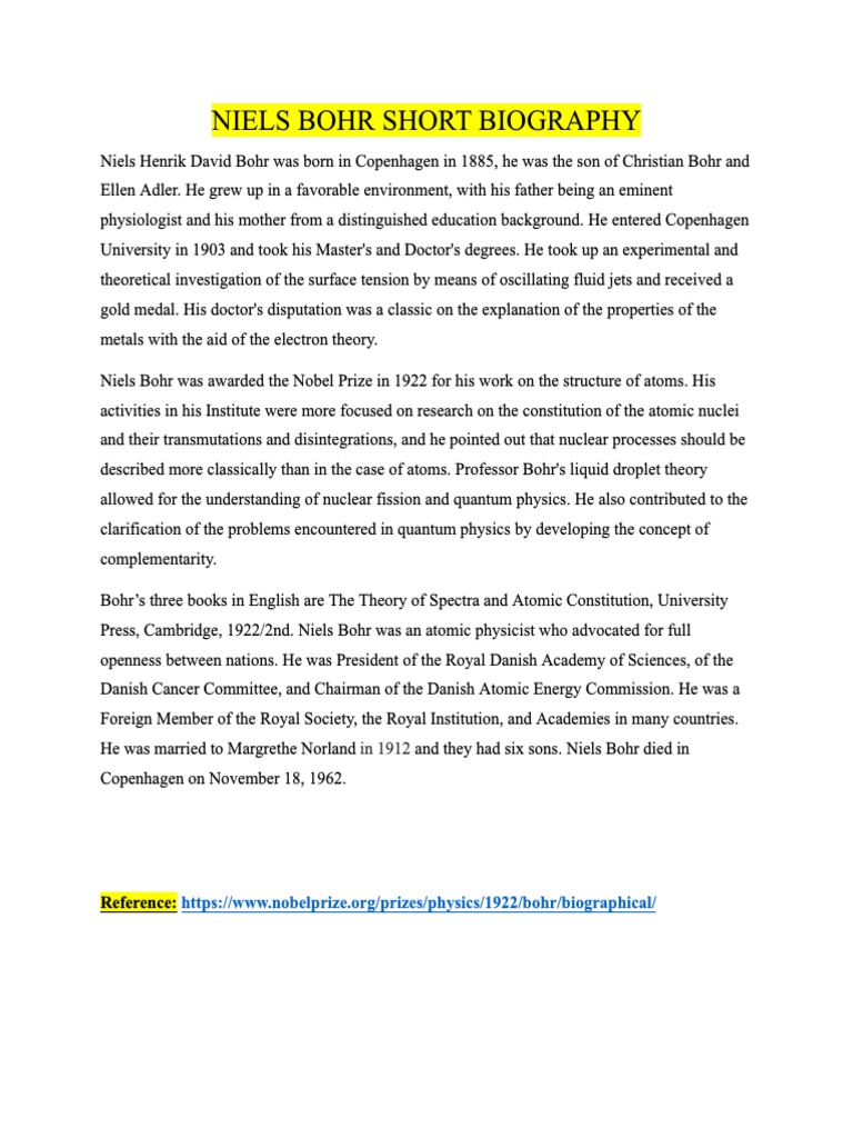 Niels Bohr Short Biography Physics11 | PDF