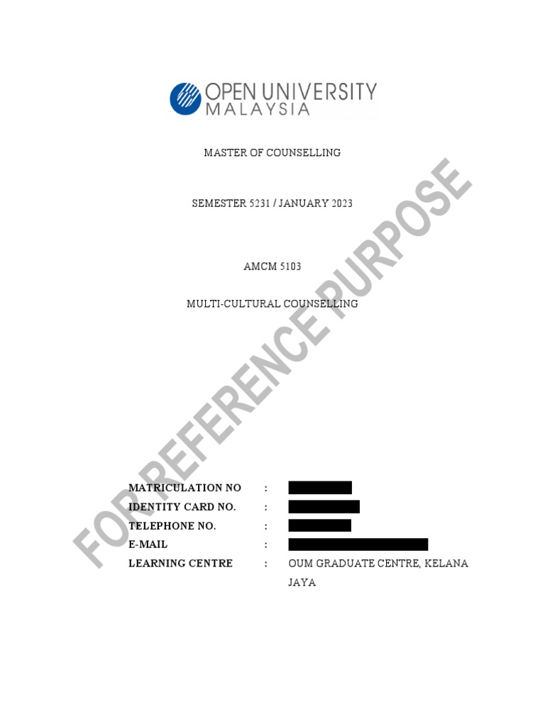 OUM AMCM5103 Multicultural Counselling - Assignment (FOR REFERENCE ...