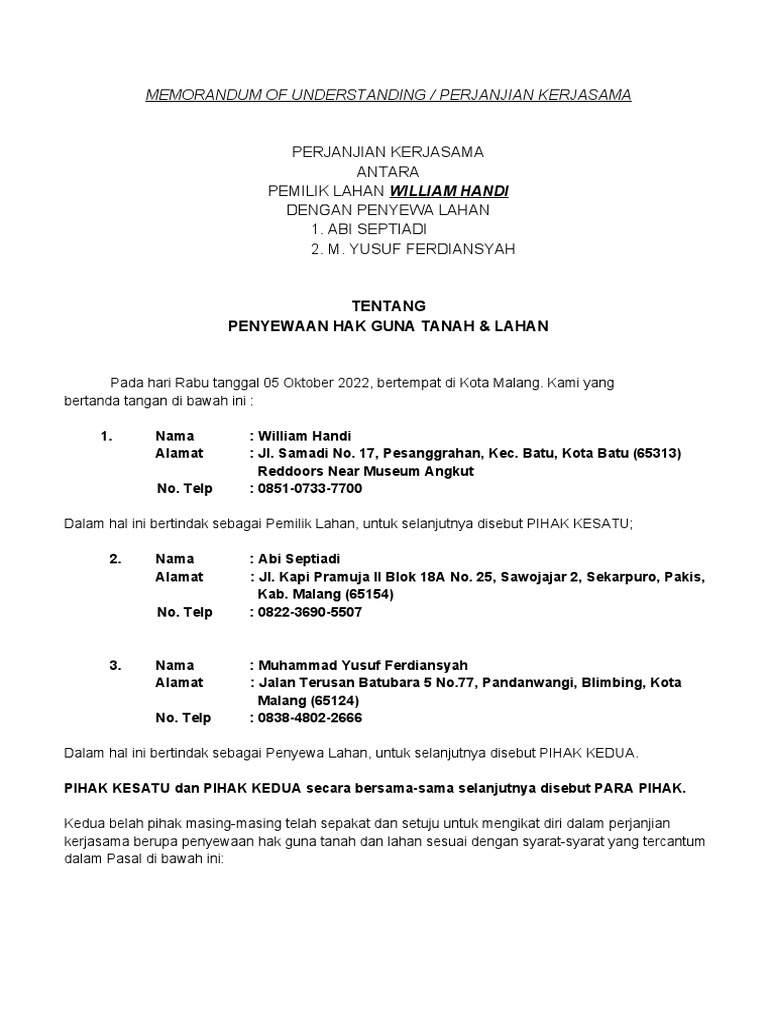 Mou Sewa Lahan Koh Handi Fix | PDF