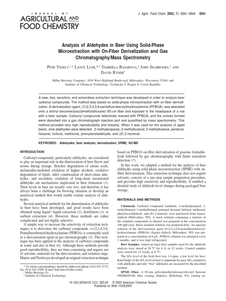 Analysis Of Aldehydes In Beer Using Solid Phase Pdf Gas Chromatography Chemistry