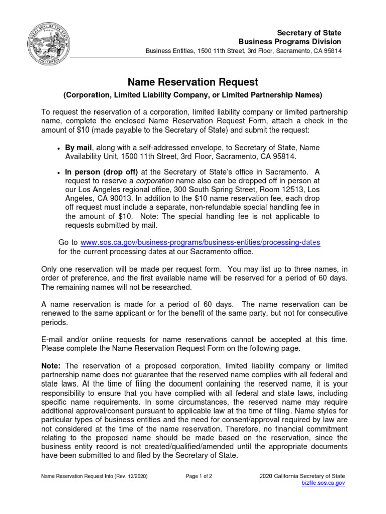 Name Reservation Request Form | PDF
