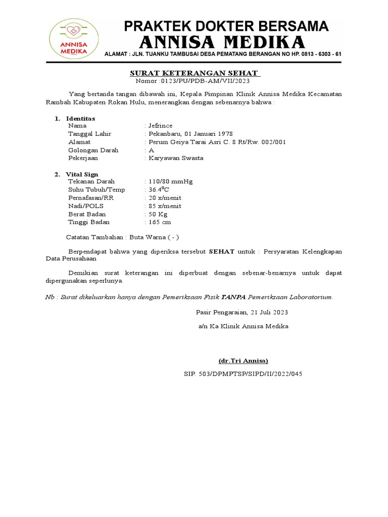 Format Surat Keterangan Sehat New | PDF