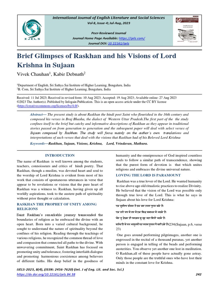 Brief Glimpses of Raskhan and His Visions of Lord Krishna in Sujaan | PDF