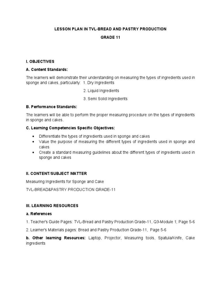 Lesson Plan-Bread and Pastry | PDF | Cakes | Learning