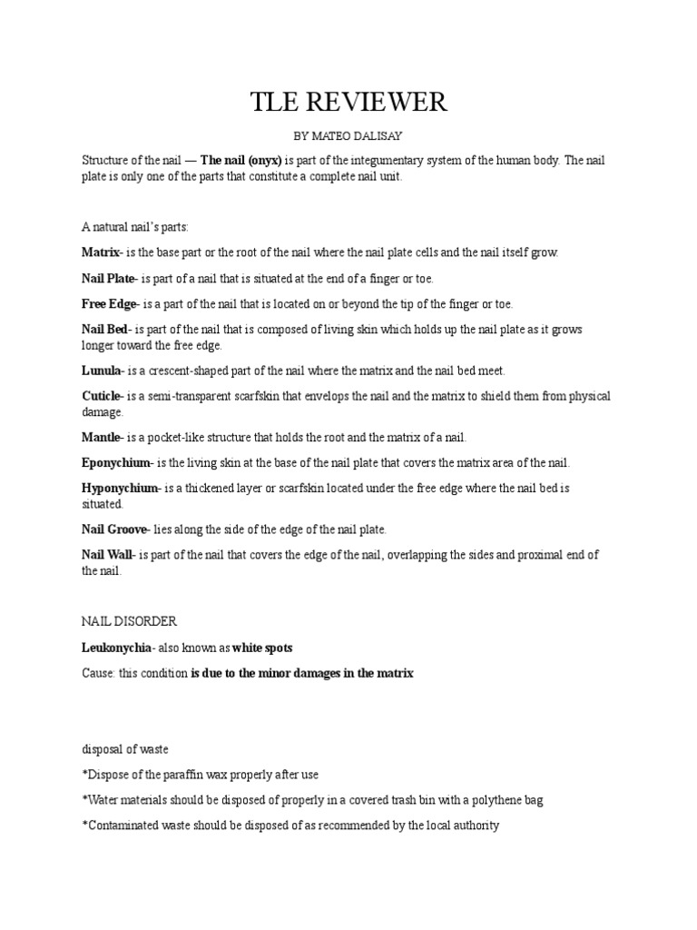 Tle Reviewer | PDF | Nail (Anatomy) | Disinfectant