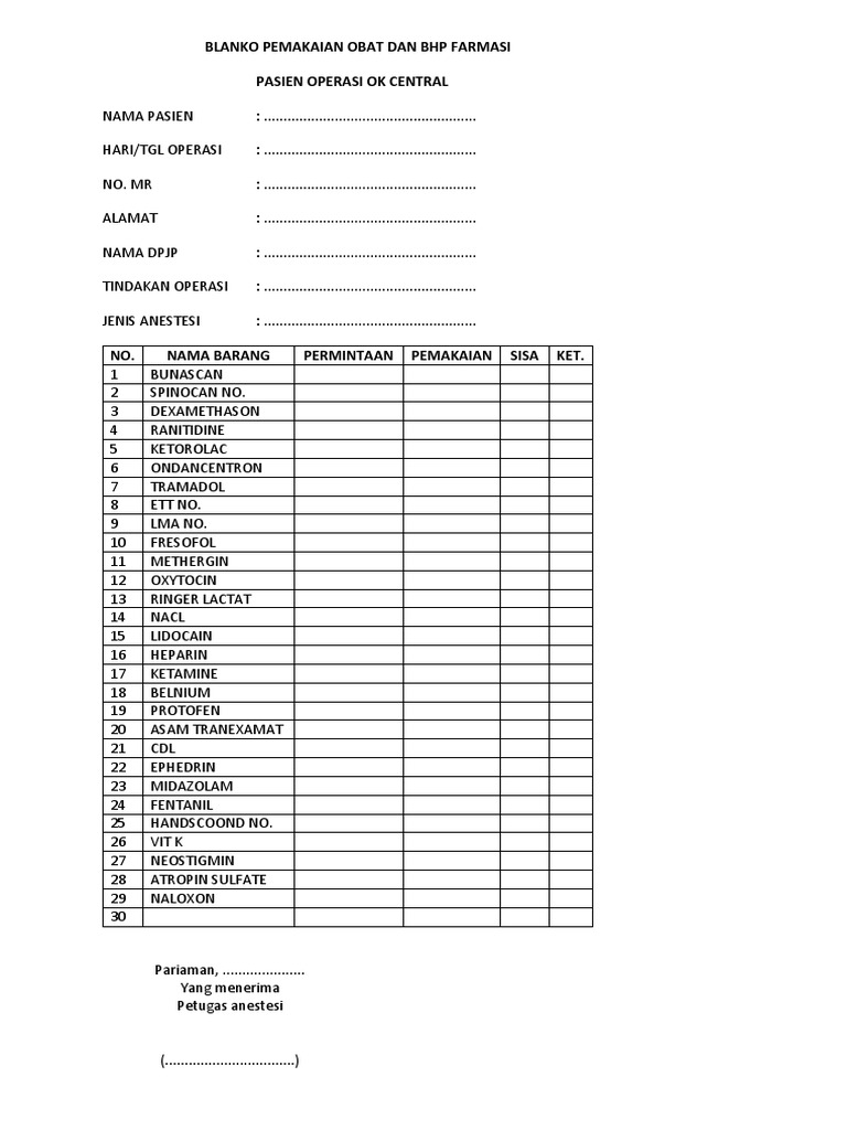 Blanko Pemakaian Obat Dan BHP Farmasi | PDF