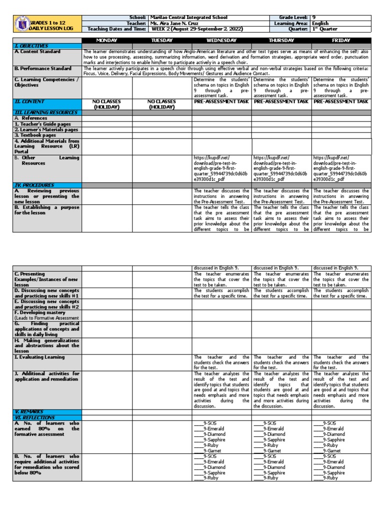Daily Lesson Log - English 9 - Week 2 | PDF | Educational Assessment ...