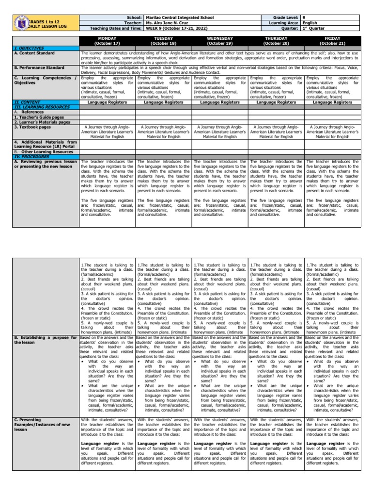 Daily Lesson Log - English 9 - Week 8 | PDF